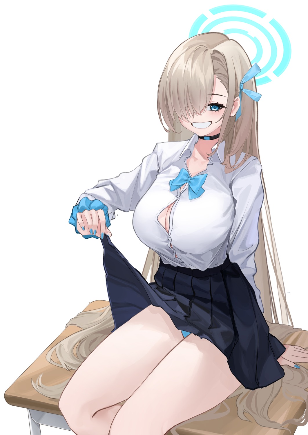 kuroja blue archive ichinose asuna angel cleavage no bra open shirt pantsu seifuku skirt lift ...